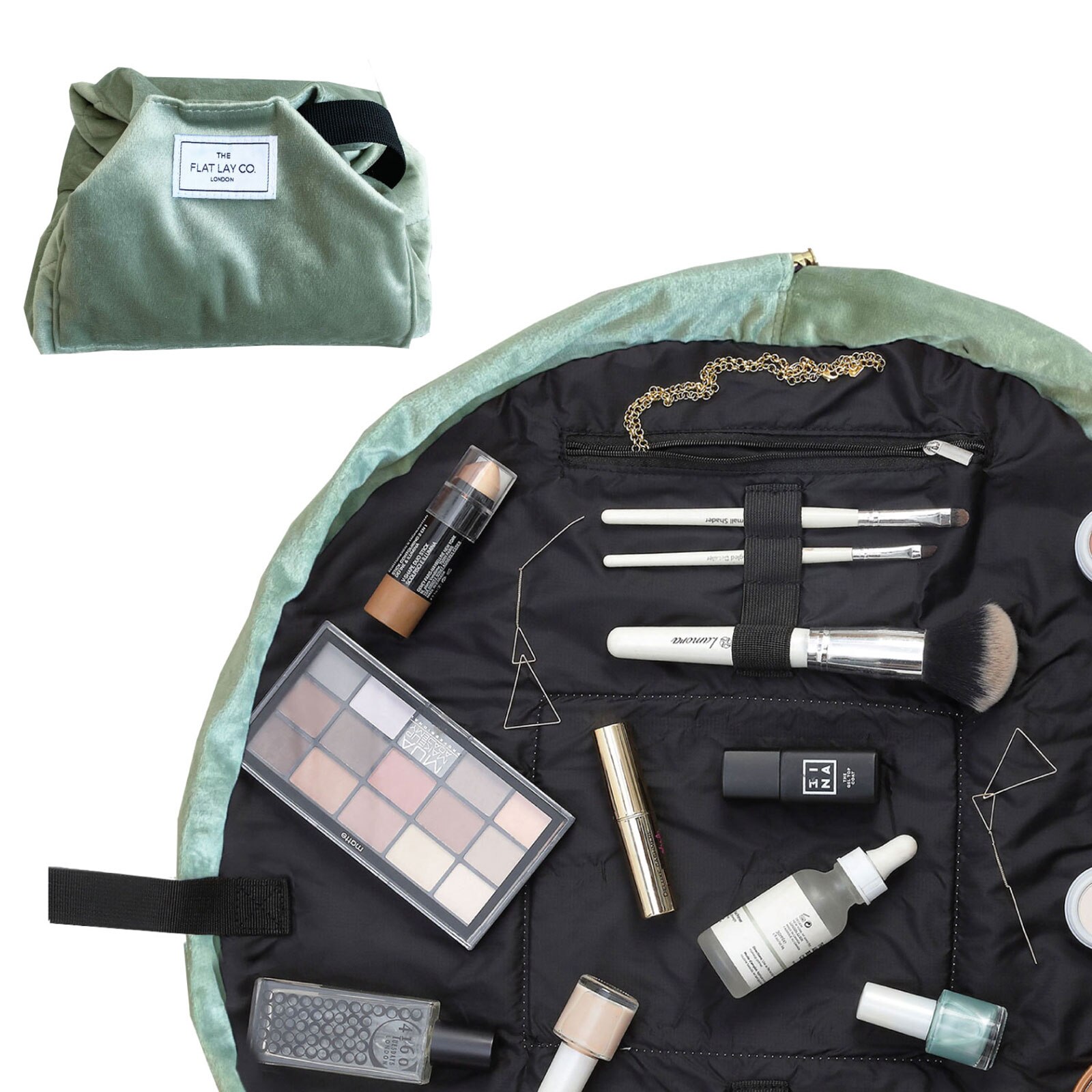 The Flat Lay Co. Open Flat Makeup Bag in Sage Green Velvet | SEPHORA UK